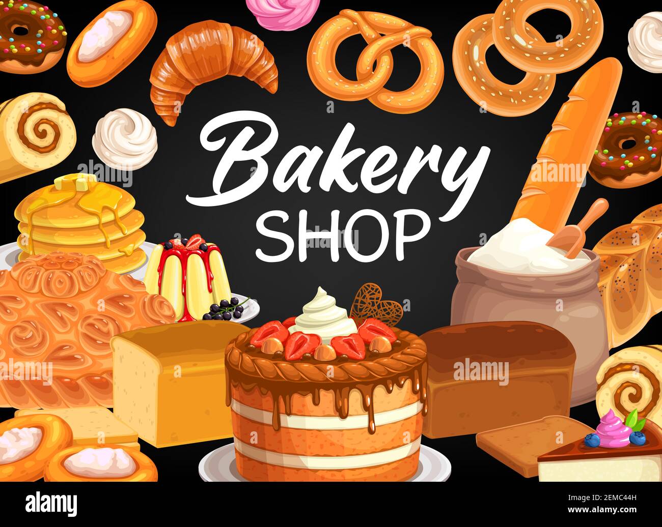 Bakery shop vector poster with bread and pastry, desserts and sweets ...