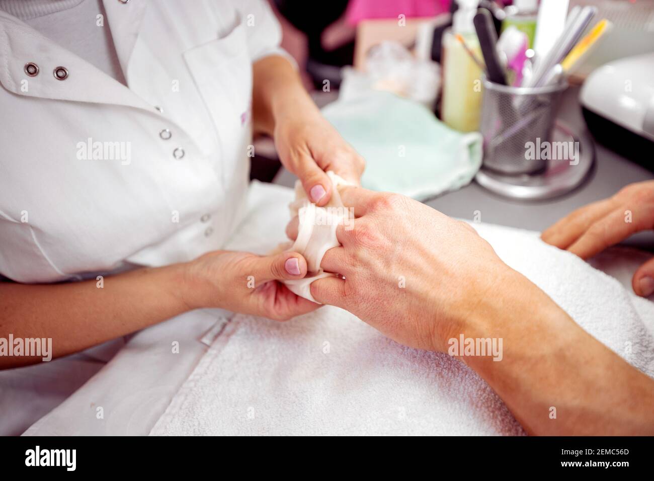Manicure treatment of a masculine hand, healthy skin concept Stock ...