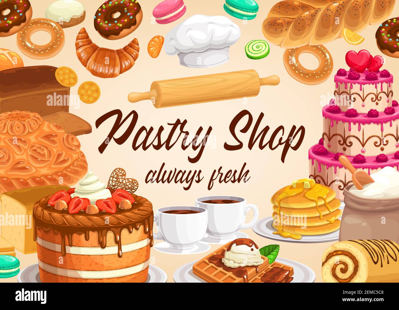 Pastry and bakery shop cakes and desserts vector design of sweet food ...