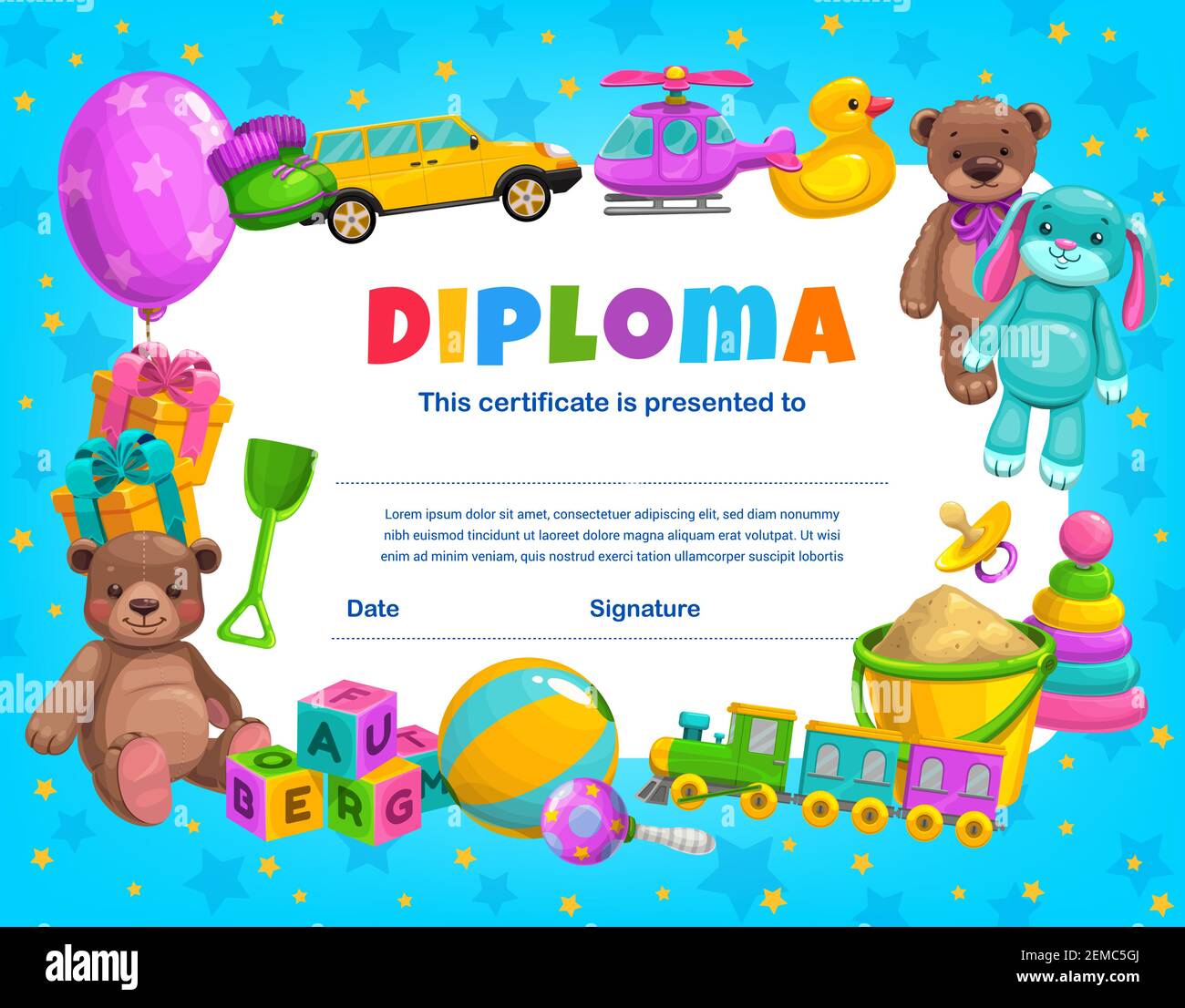 Kids diploma, kindergarten certificate template with baby soft bear and ...