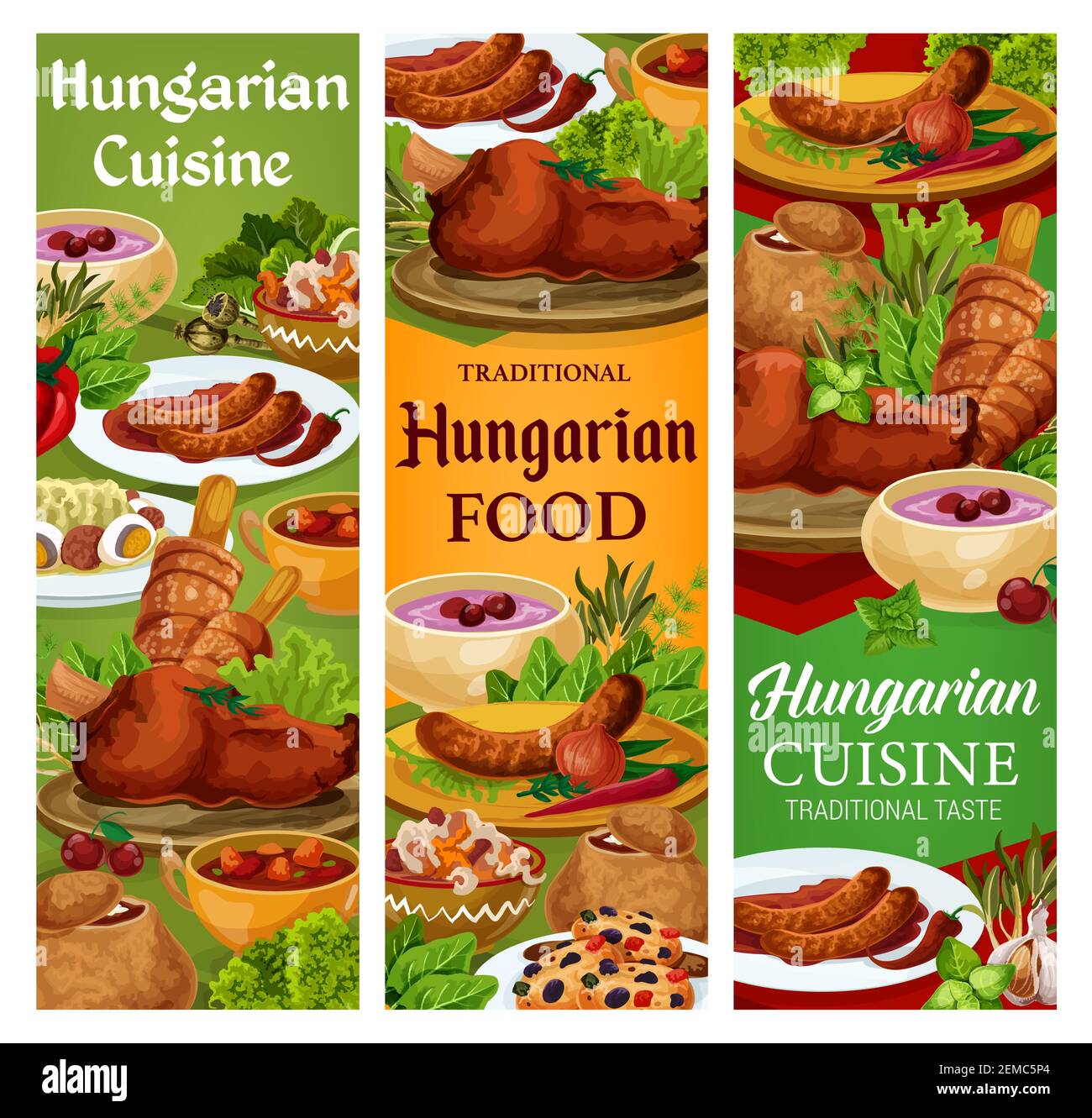 Hungary cuisine, vector Hungarian food sausages with spicy sauce and ...