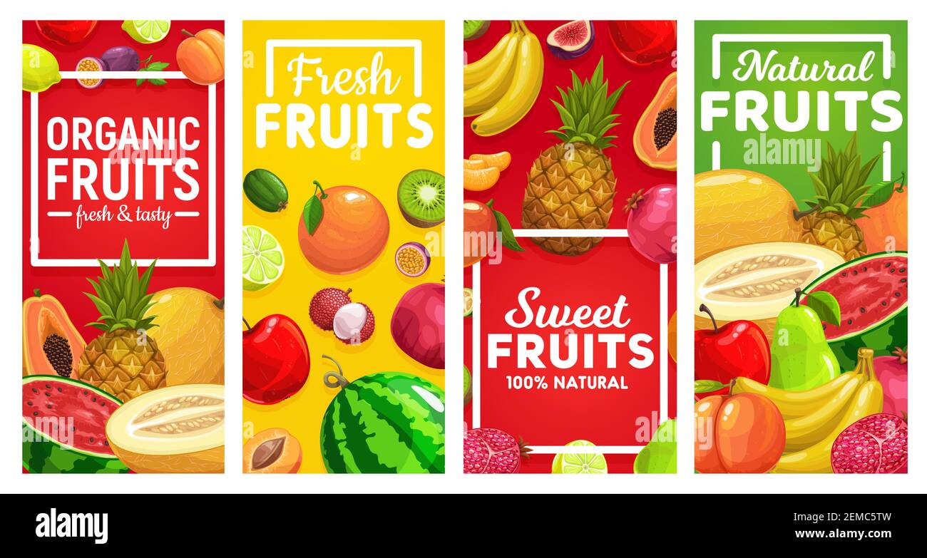 Ripe fruits vector vertical banners. Tropical fruits farm lime and ...