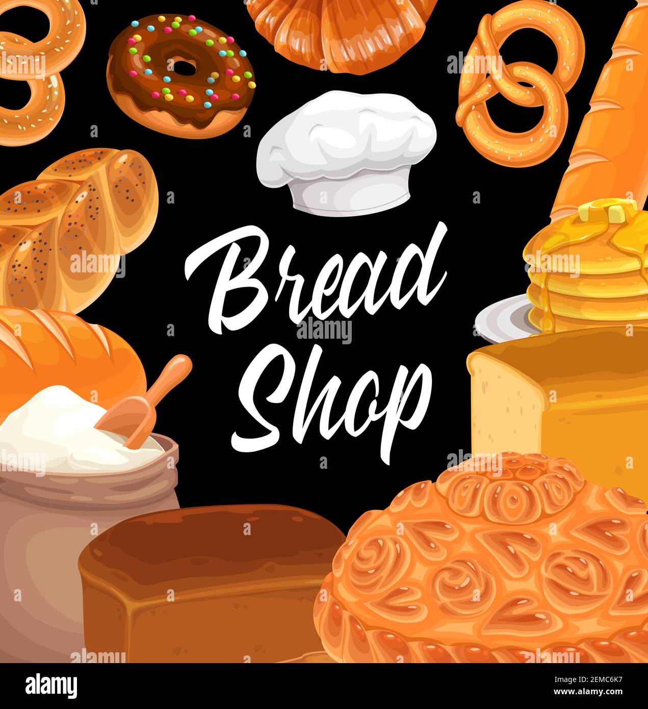 Wheat bread and pastries vector frame of bakery shop. Bread loaves, croissant and bagels ...
