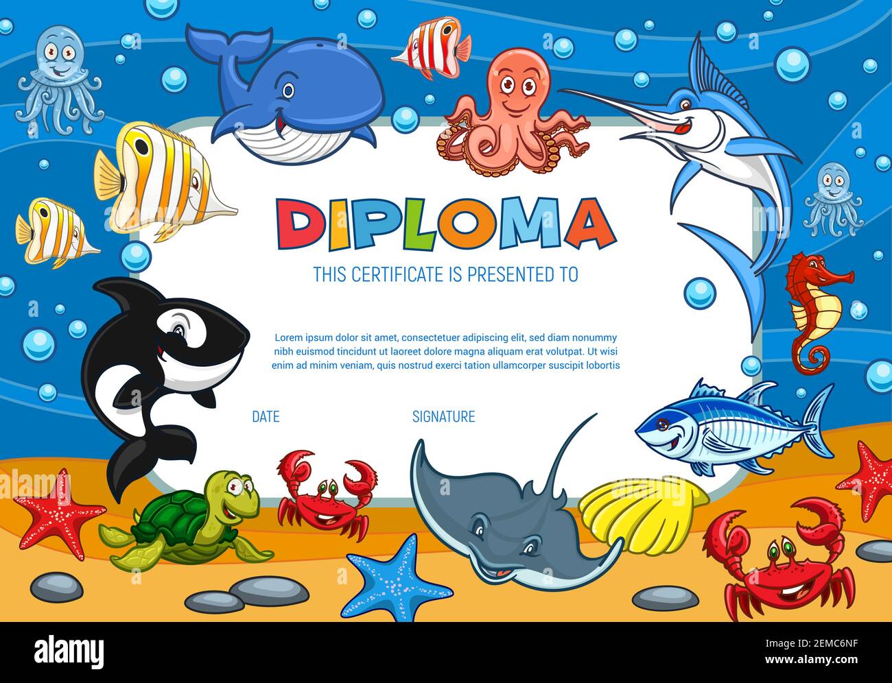 Diploma certificate with cartoon underwater world fishes and ocean ...
