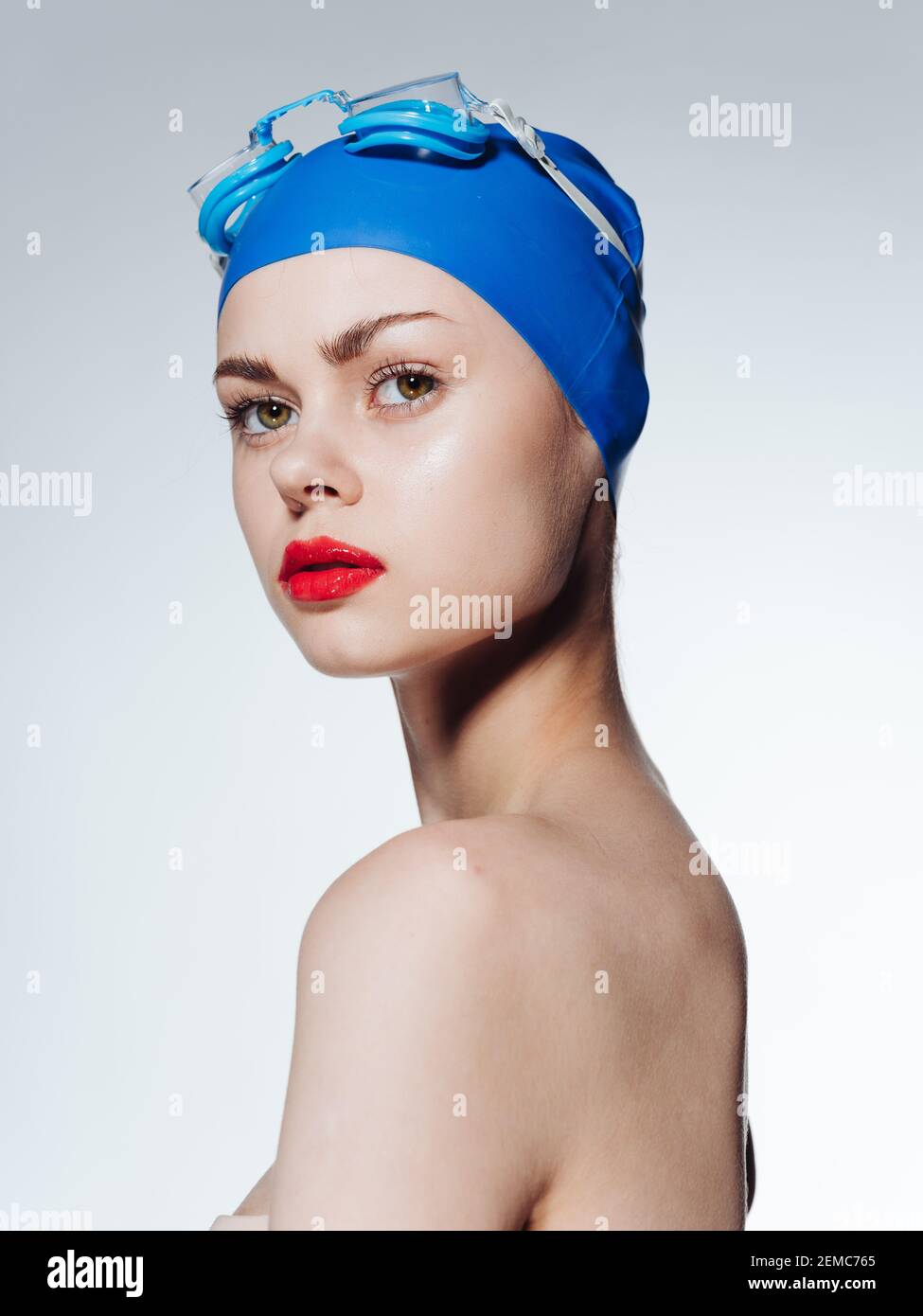 Beautiful woman with red lips blue swimming cap diving model Stock ...
