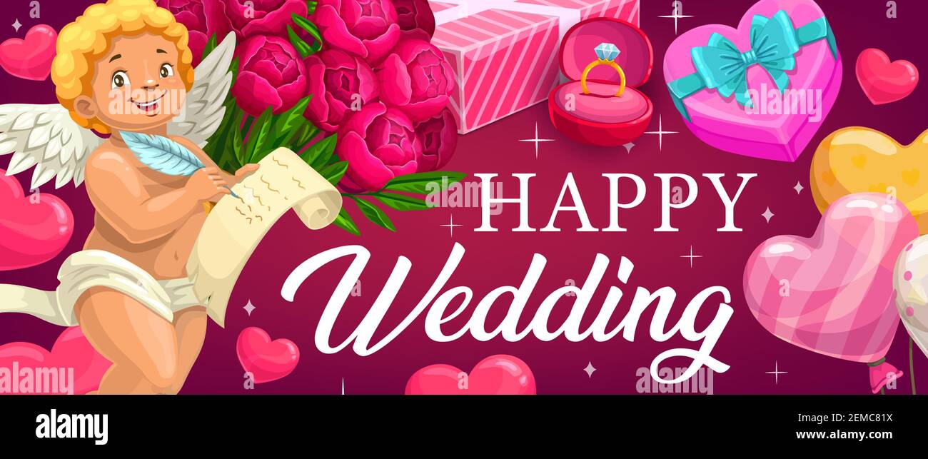 Wedding, marriage ceremony vector with Cupid, hearts, diamond ring and ...