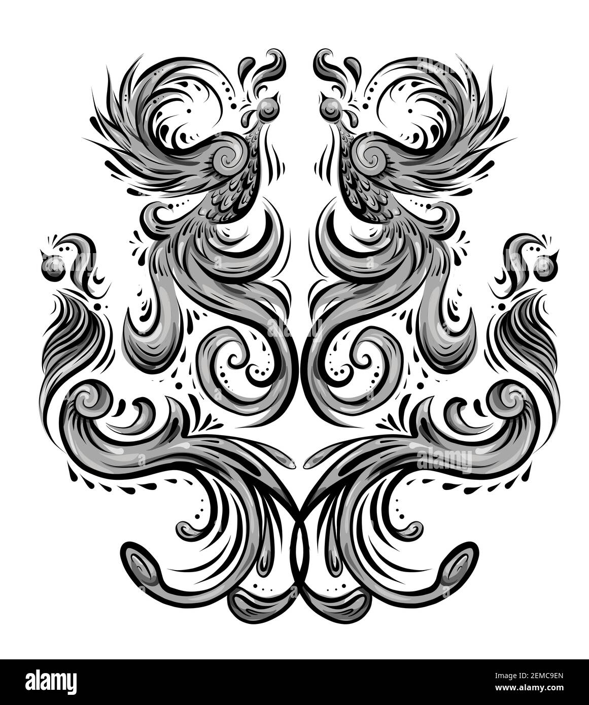 Bird pattern with curled tails and wings. Symmetrical decoration in ...