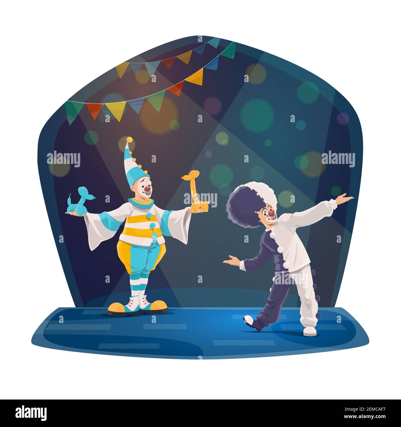 Circus clowns cartoon vector characters. Two smiling clowns in colorful ...