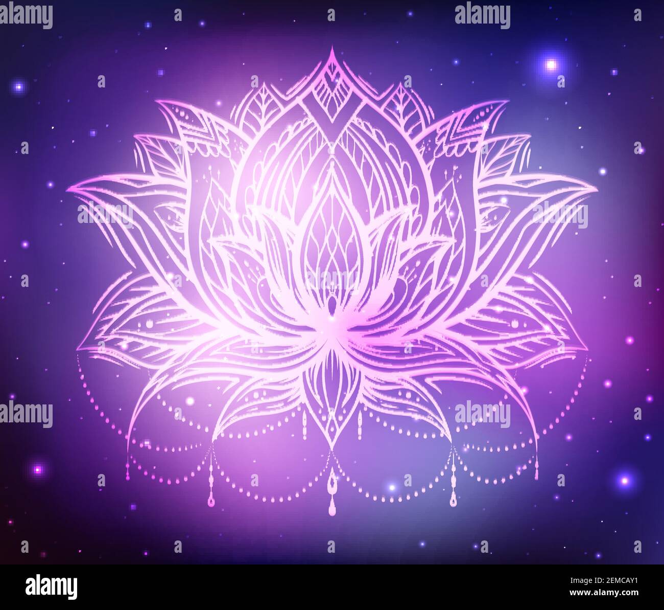 Spiritual symbol of lotus with tribal decoration on blurred cosmos and ...