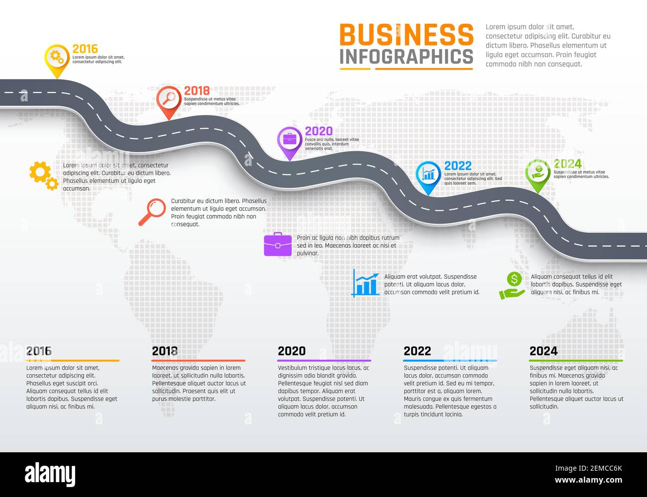 Business infographics, stages of road or pathway, development per year ...