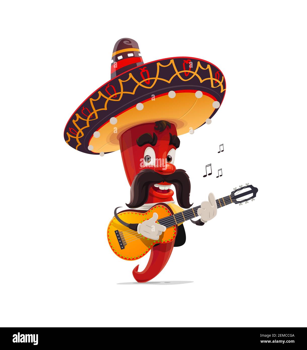 Mexican Red Chili Pepper Mariachi Character In Sombrero Playing The
