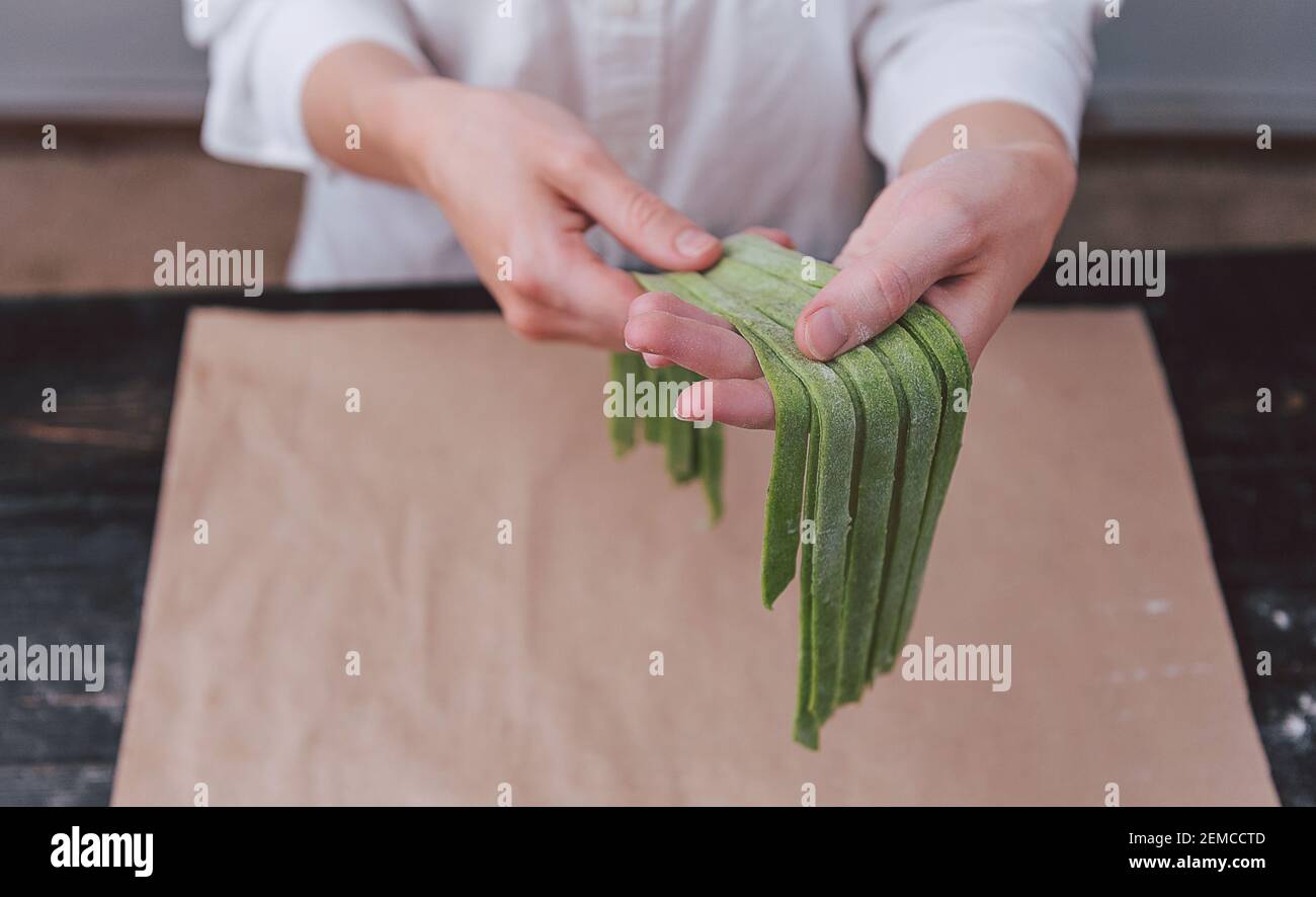 homemade tasty delicacy green pasta with spinach and broccoli Stock ...