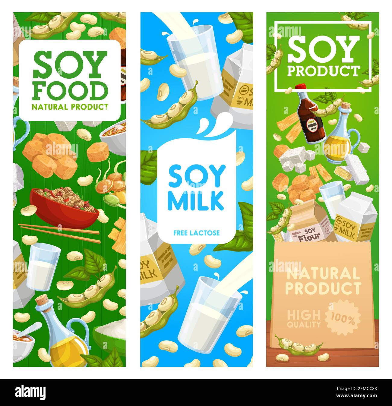 Soy beans food vector banners of soybeans, milk drink and tofu, oil ...