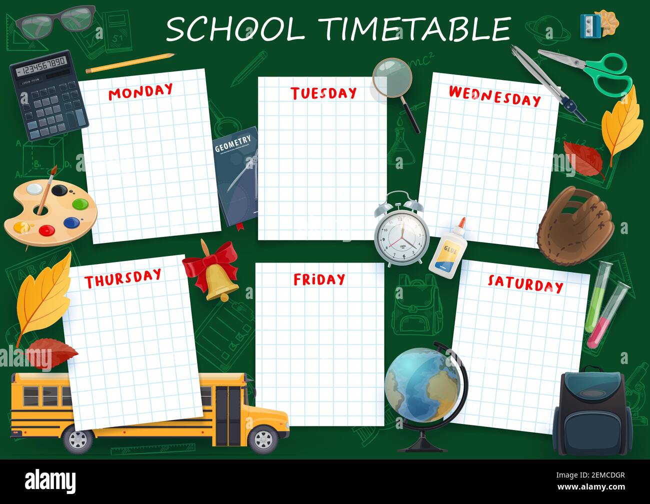 School timetable, vector. Student week classes organizer with textbook ...