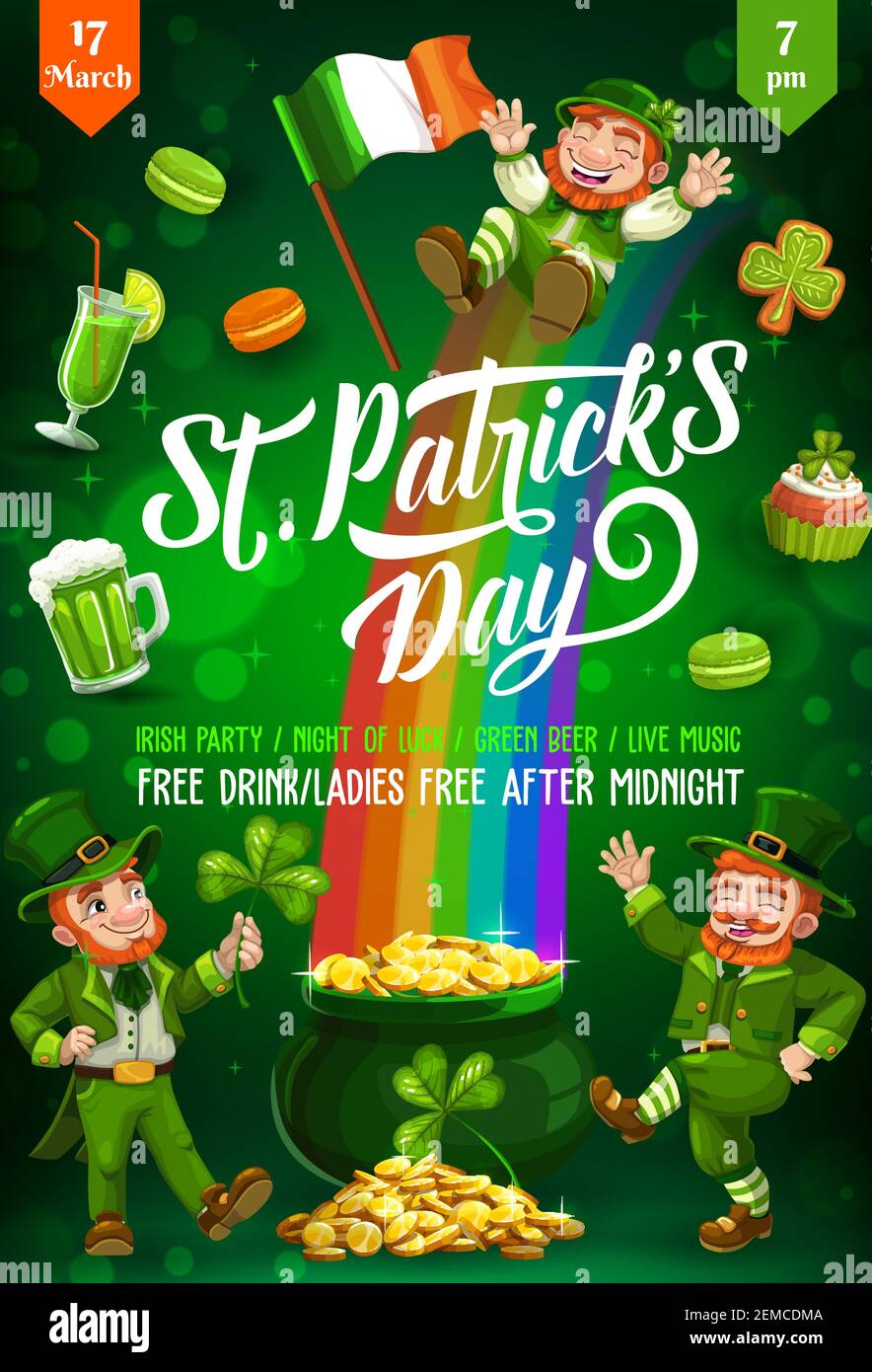 Patricks Day leprechauns dancing and sliding down on rainbow with gold ...