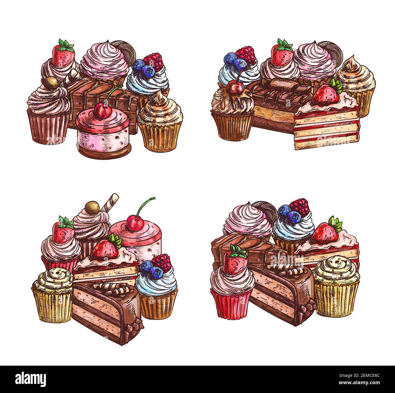 Cakes and desserts sketch, sweet chocolate cupcakes and bakery pastry ...