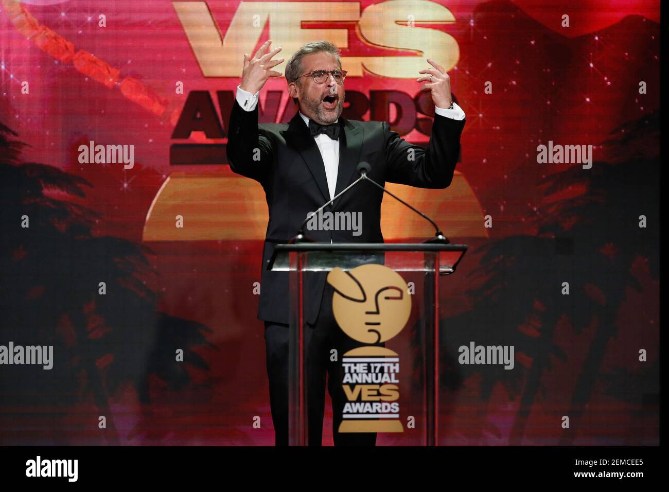 Actor Steve Carell wears a mask of his character "Felonious Gru" from ...