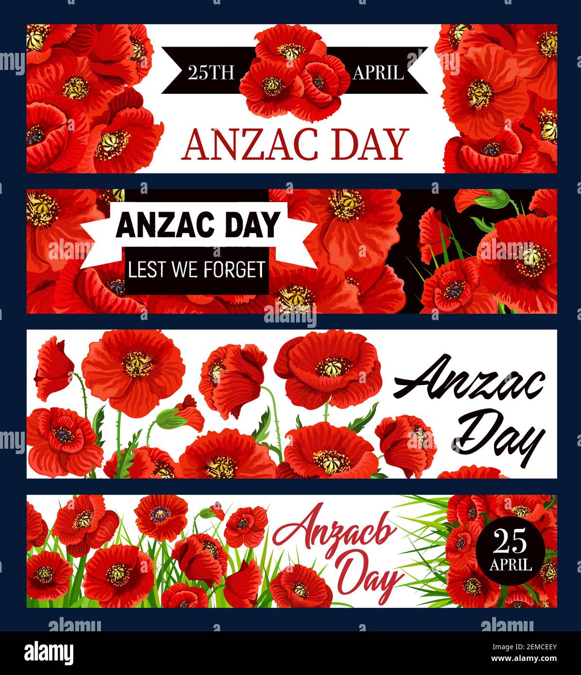 Anzac Day poppy flowers vector banners and black ribbon, national ...