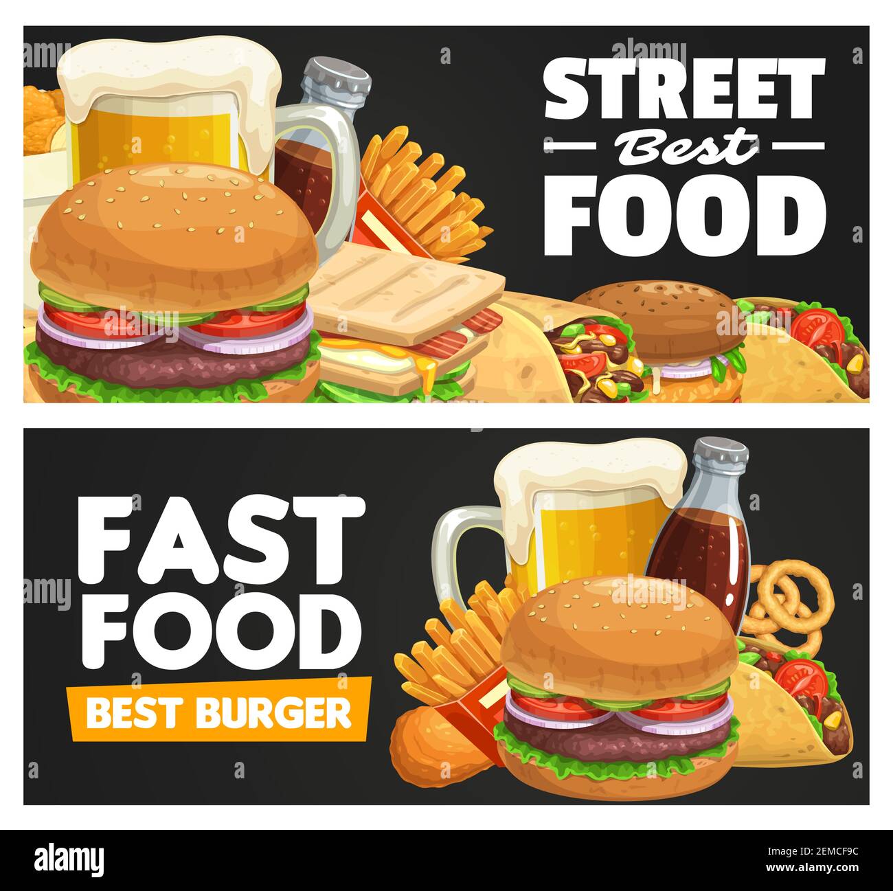Fast food meals and snacks vector banner. Beer tankard, beef and turkey ...