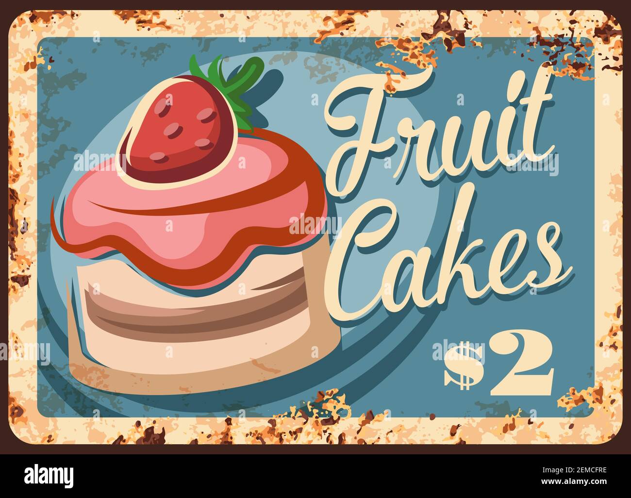 Fruit cakes rusty grunge plate, vector. Pastry bakery dessert ...