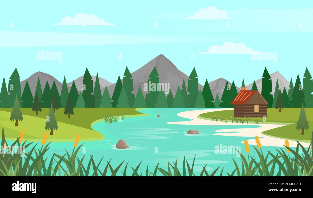 Cartoon forest landscape with mountains, river and fir-trees. Sunset or ...