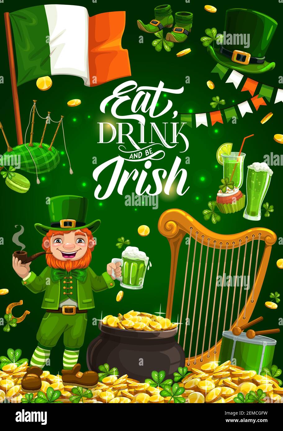 Vector cartoon leprechaun and symbols of Ireland holiday. National flag ...