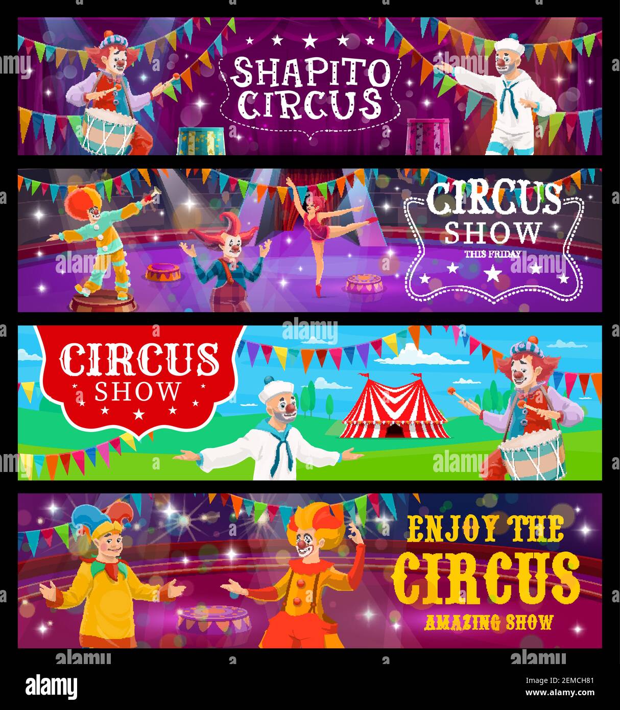 Big top tent circus banners, funfair carnival show clowns and acrobats ...