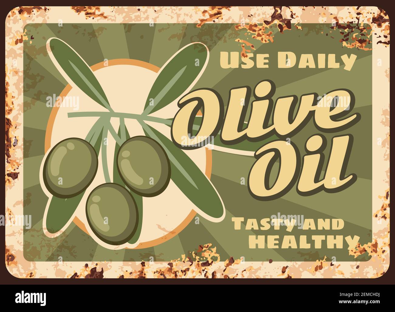 Olive oil rusty metal plate, green olives vintage vector poster ...