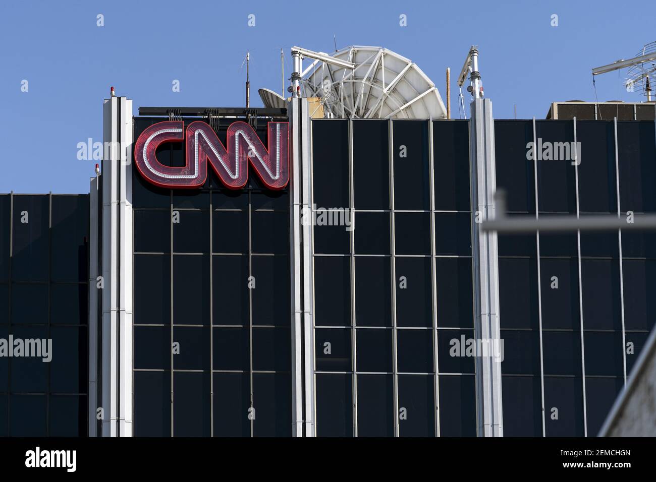 The CNN logo is seen atop its bureau in Los Angeles, California on ...