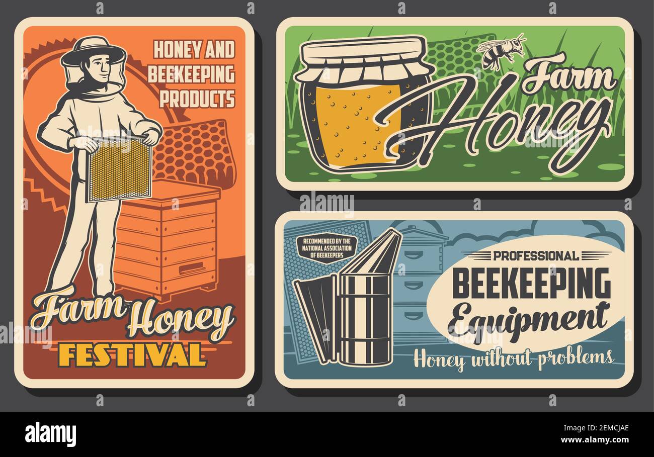 Beekeeper at beekeeping apiary, honey retro posters, vector honeycomb ...