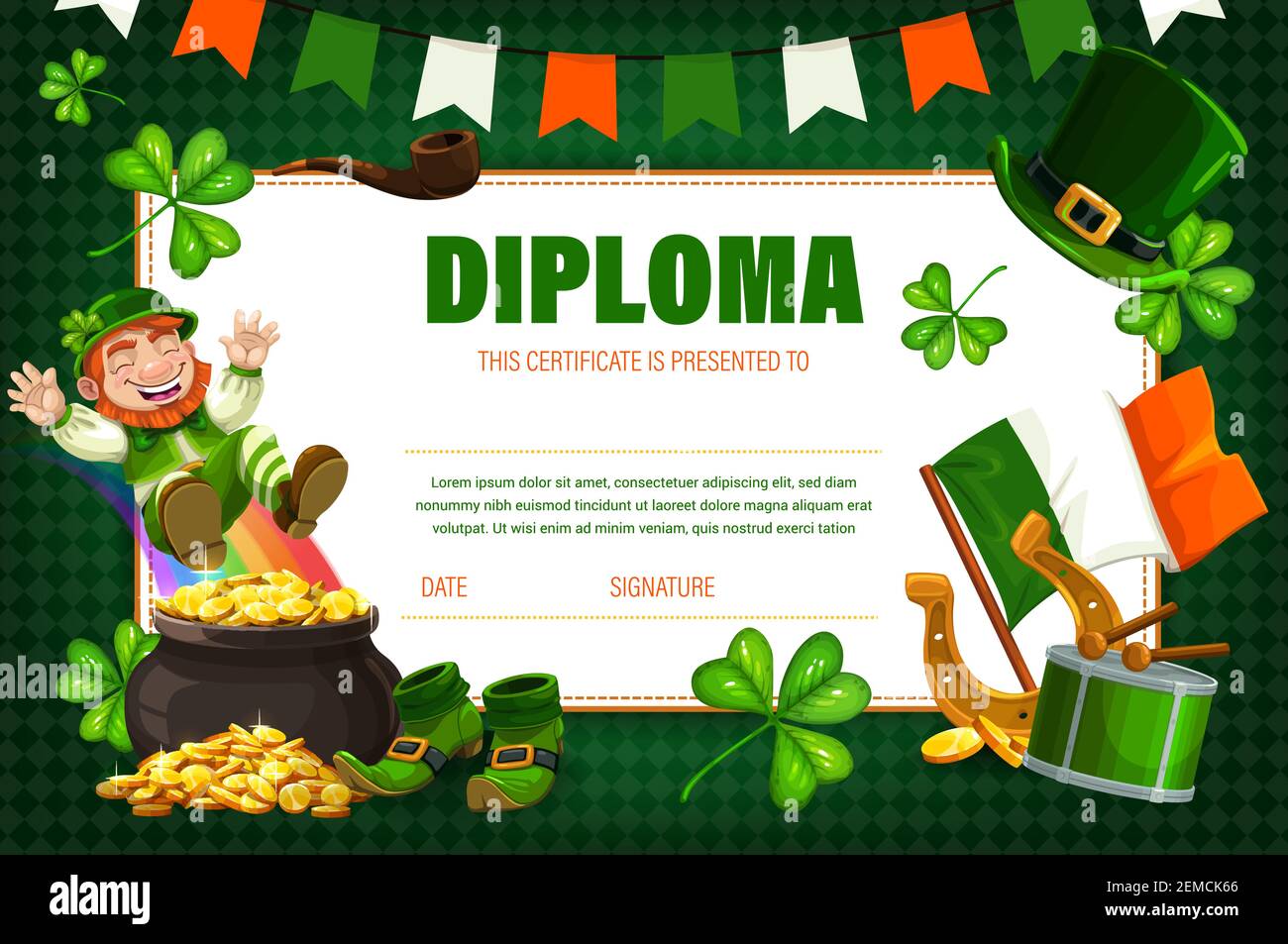 Kids diploma, children education certificate with Irish leprechaun ...