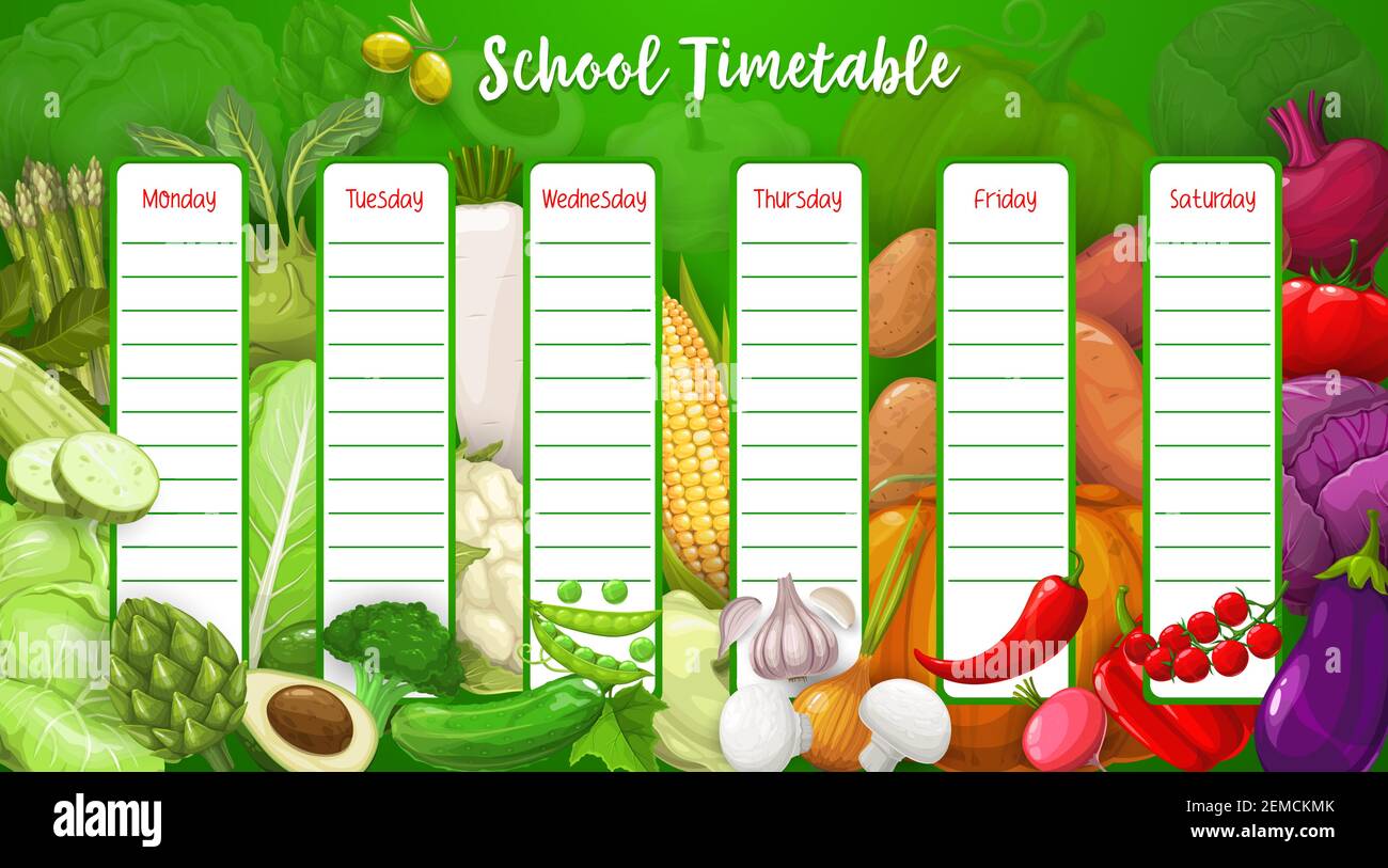 School timetable with farm vegetables. Cartoon vector week schedule ...