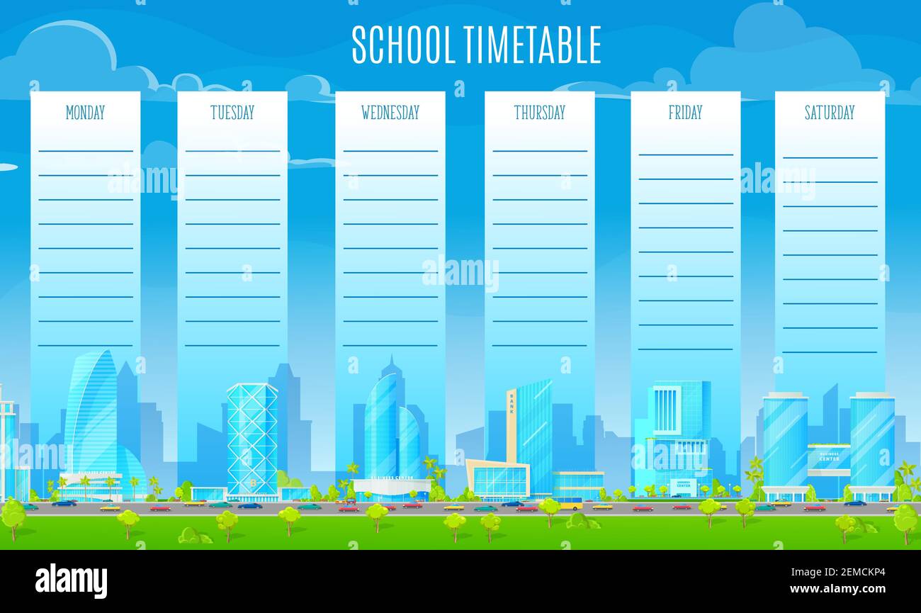 School timetable with metropolis vector background. Weekly planner ...