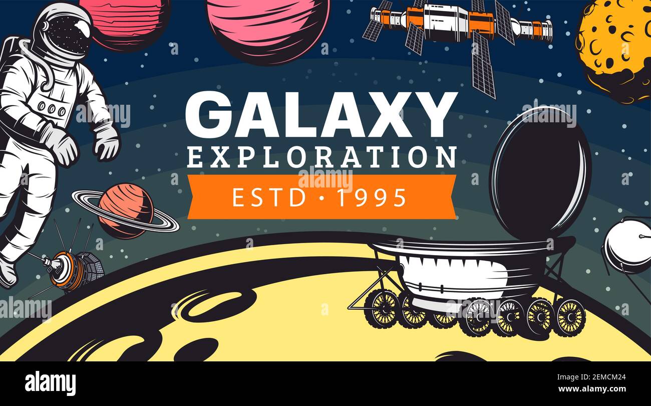 Galaxy exploration, astronaut and space shuttles. Vector galaxy ...