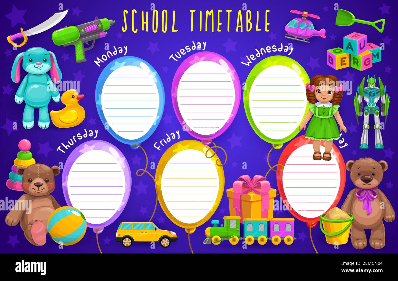 School timetable, kids education planner with toys cartoon vector ...