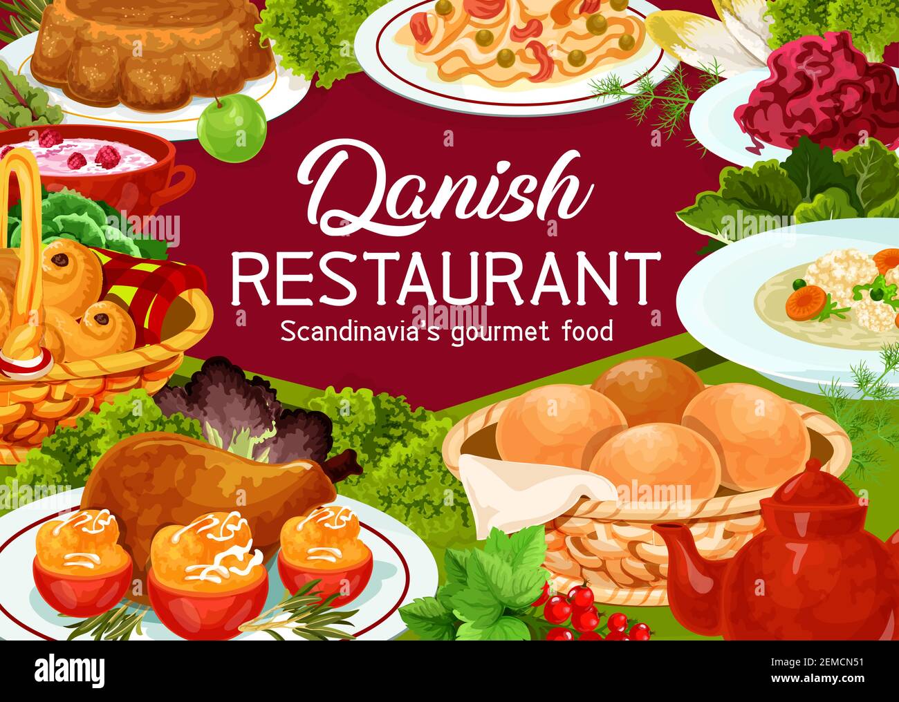 Danish cuisine food menu, restaurant dishes and meals, vector ...