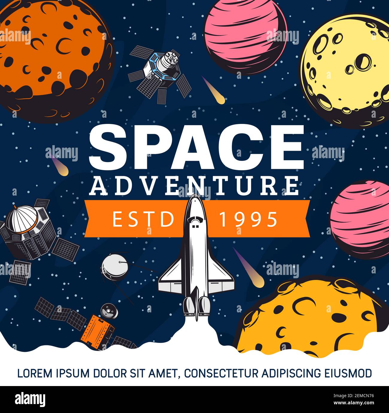 Space galaxy adventure, spaceship rocket and universe planets, vector ...