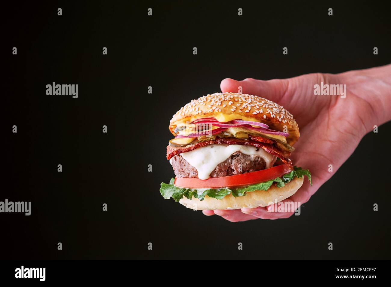 Delicious fresh homemade burger in hands Stock Photo - Alamy