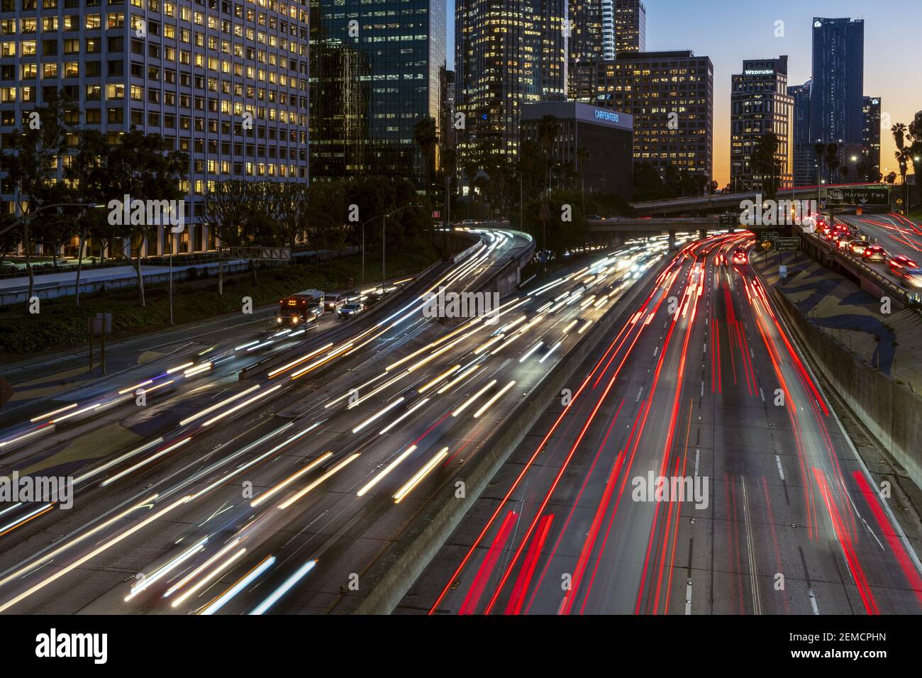 A view of downtown Los Angeles and traffic on the 110 Freeway in Los ...