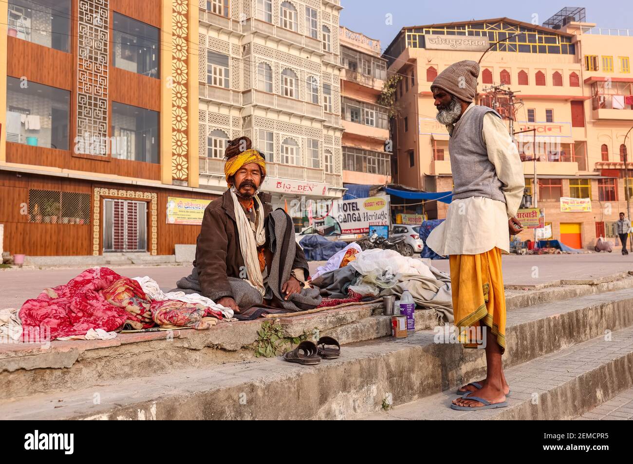 Indian Sadhu in traditional saffron dress participating in Kumbh ...