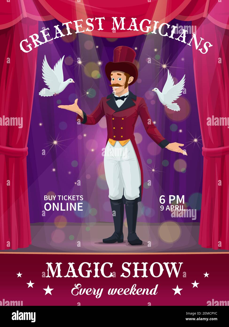 Circus magician magic show poster, carnival or chapiteau performance ...