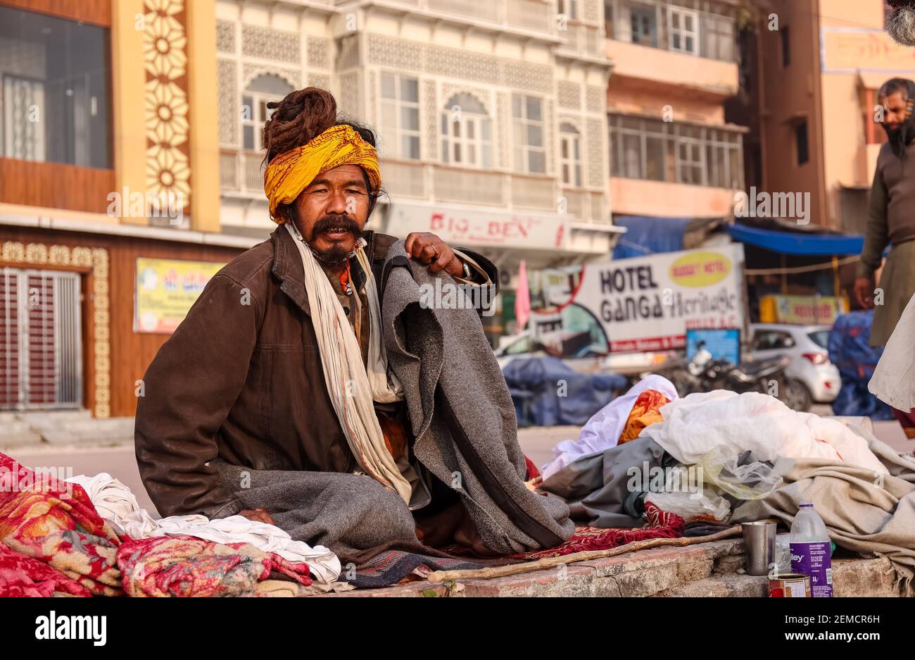 Indian Sadhu in traditional saffron dress participating in Kumbh ...