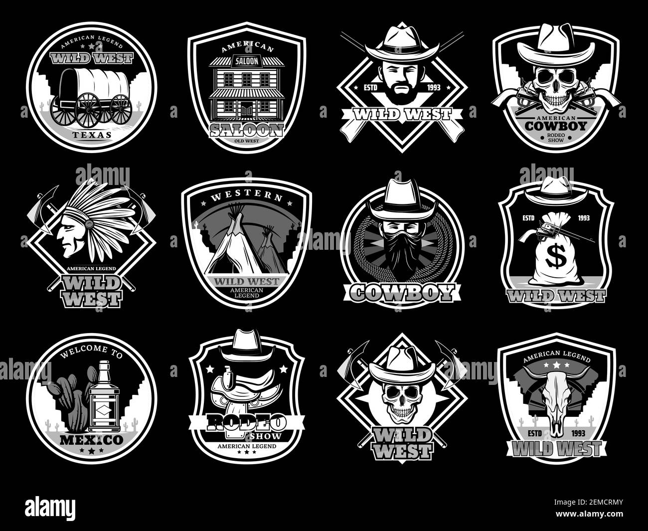 Wild West icons with vector skulls, cowboy and sheriff. American ...