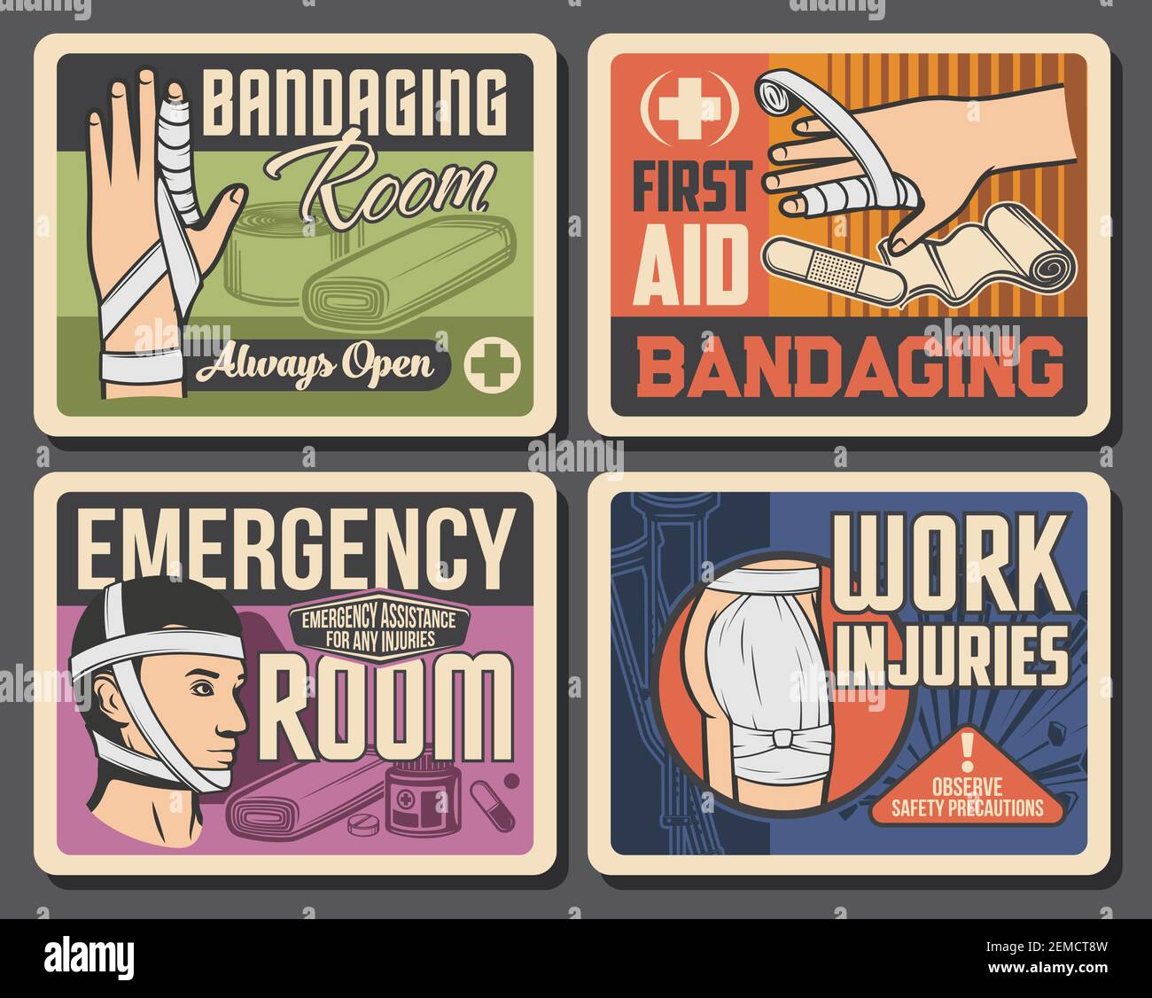 Bandage, emergency room medicine retro vector posters. Trauma of finger ...