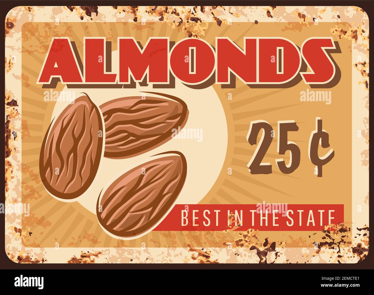Almond nuts rusty plate, vintage food poster, raw snacks vector retro ...