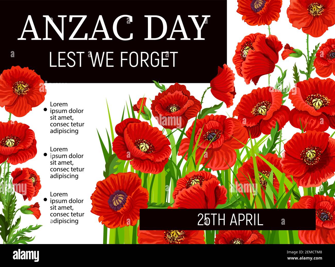 Poppies of Anzac Day, vector poster design. Red flowers of Australian ...