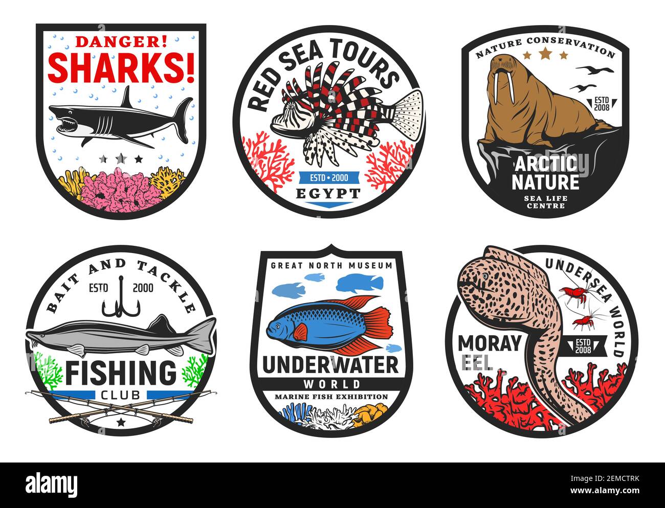 Sea and underwater animals icons, undersea fishes life and ocean world ...