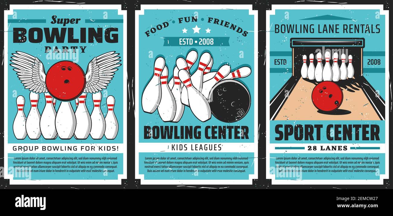 Bowling alley with balls and pins, vector posters. Bowling sport center ...