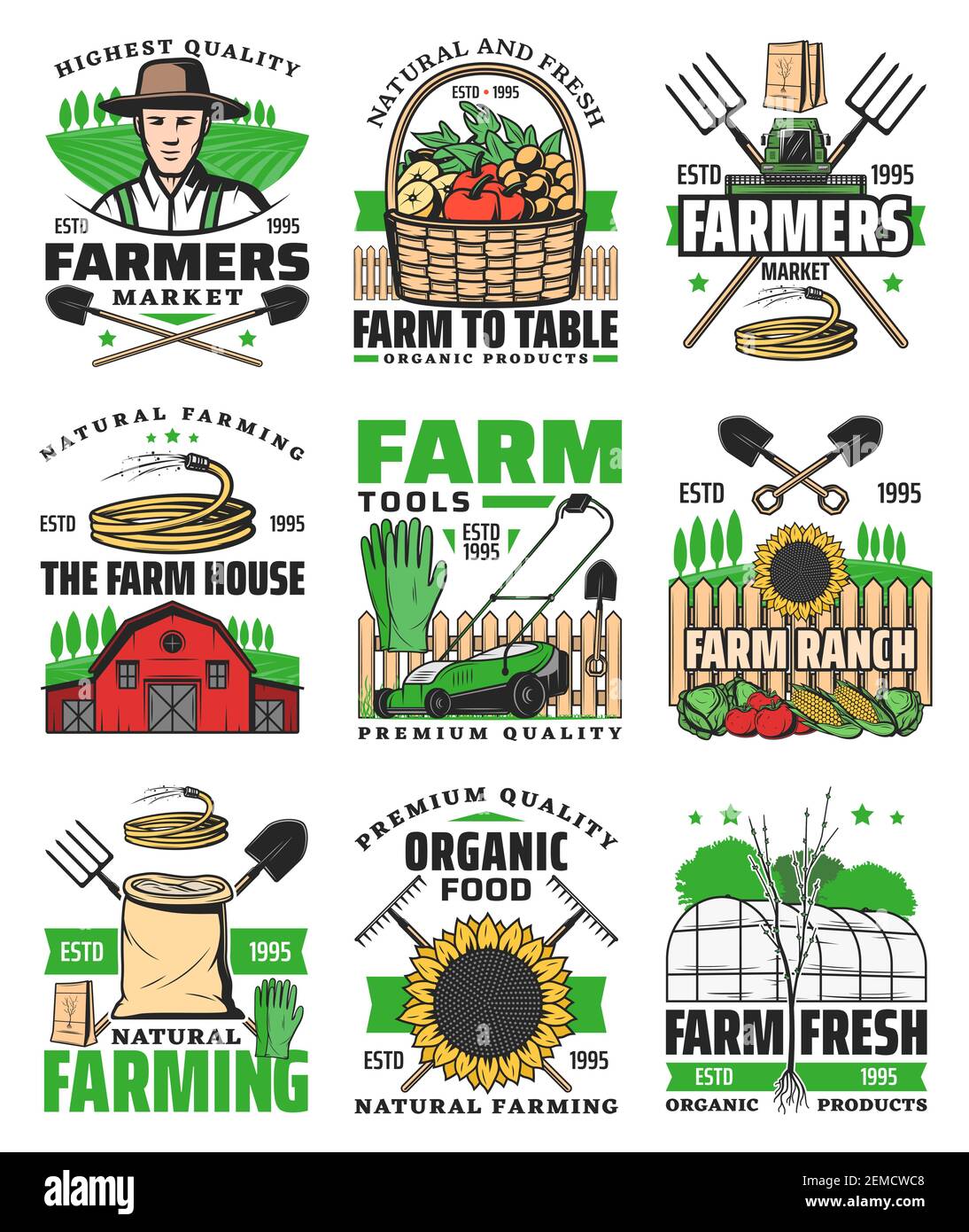 Farming agriculture icons, farm field and farmer harvest tractor ...