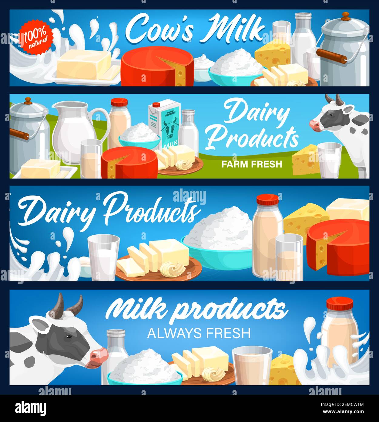 Dairy and milk products banners, farm cheese, butter and yogurt food ...